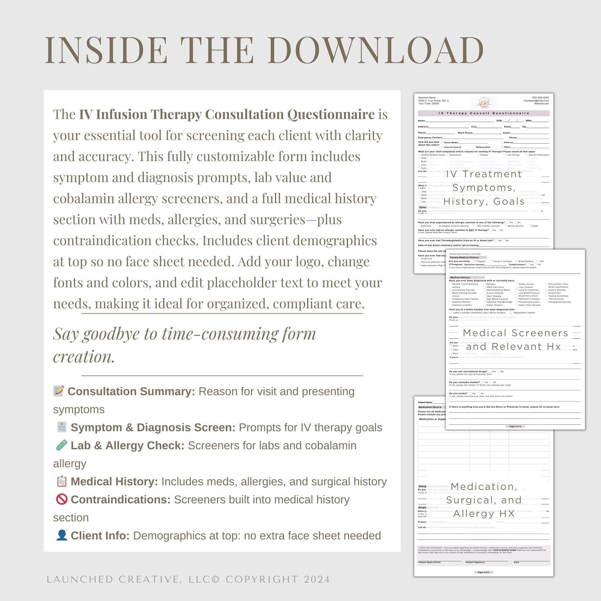 IV Infusion Intake Consult Questionnaire Form Template | IV Fluid ...