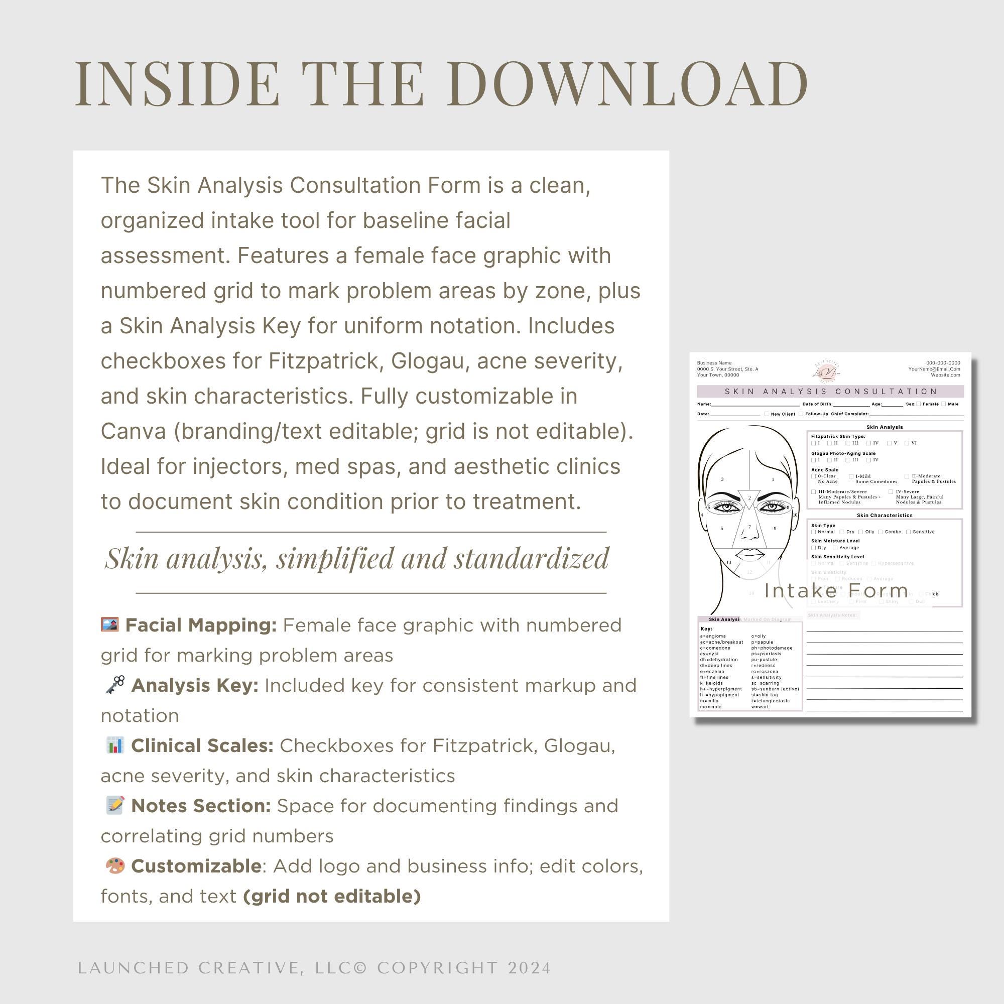 Skin Analysis Consultation Form Template | Esthetician Aesthetic Nurse ...