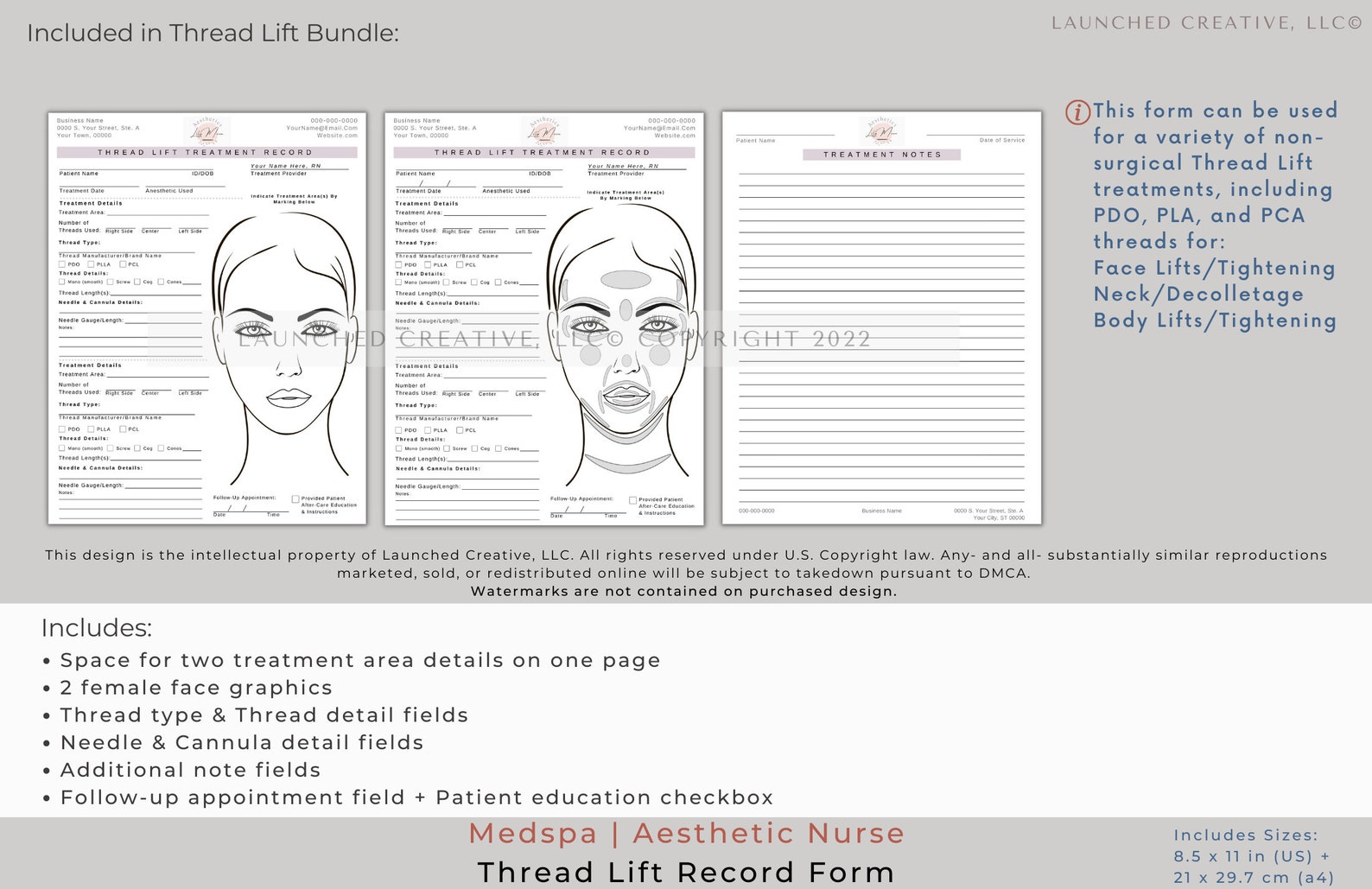 Thread Lift Form Bundle Threadlift Consent PDO Thread Consult Thread Lift Treatment Record ...