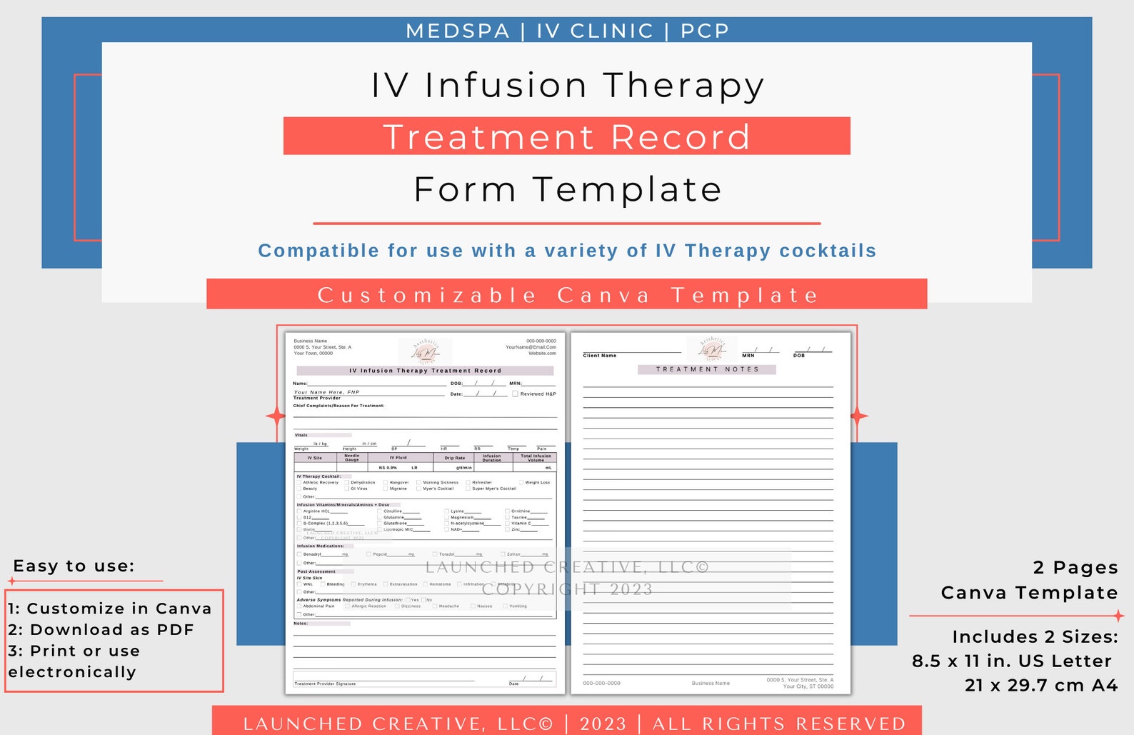 IV Infusion Therapy Treatment Record Form Template | IV Therapy Record ...