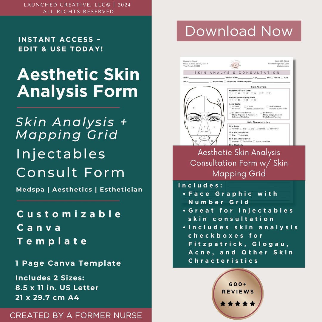 Skin Analysis Consultation Form Template | Esthetician Aesthetic Nurse ...