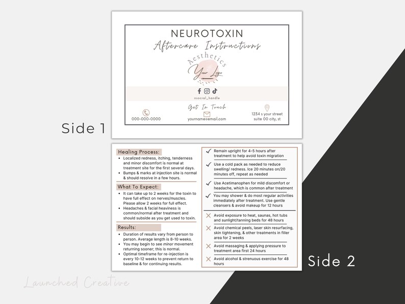 Botox Neurotoxin Aftercare Card | Printable Post Botox Care ...