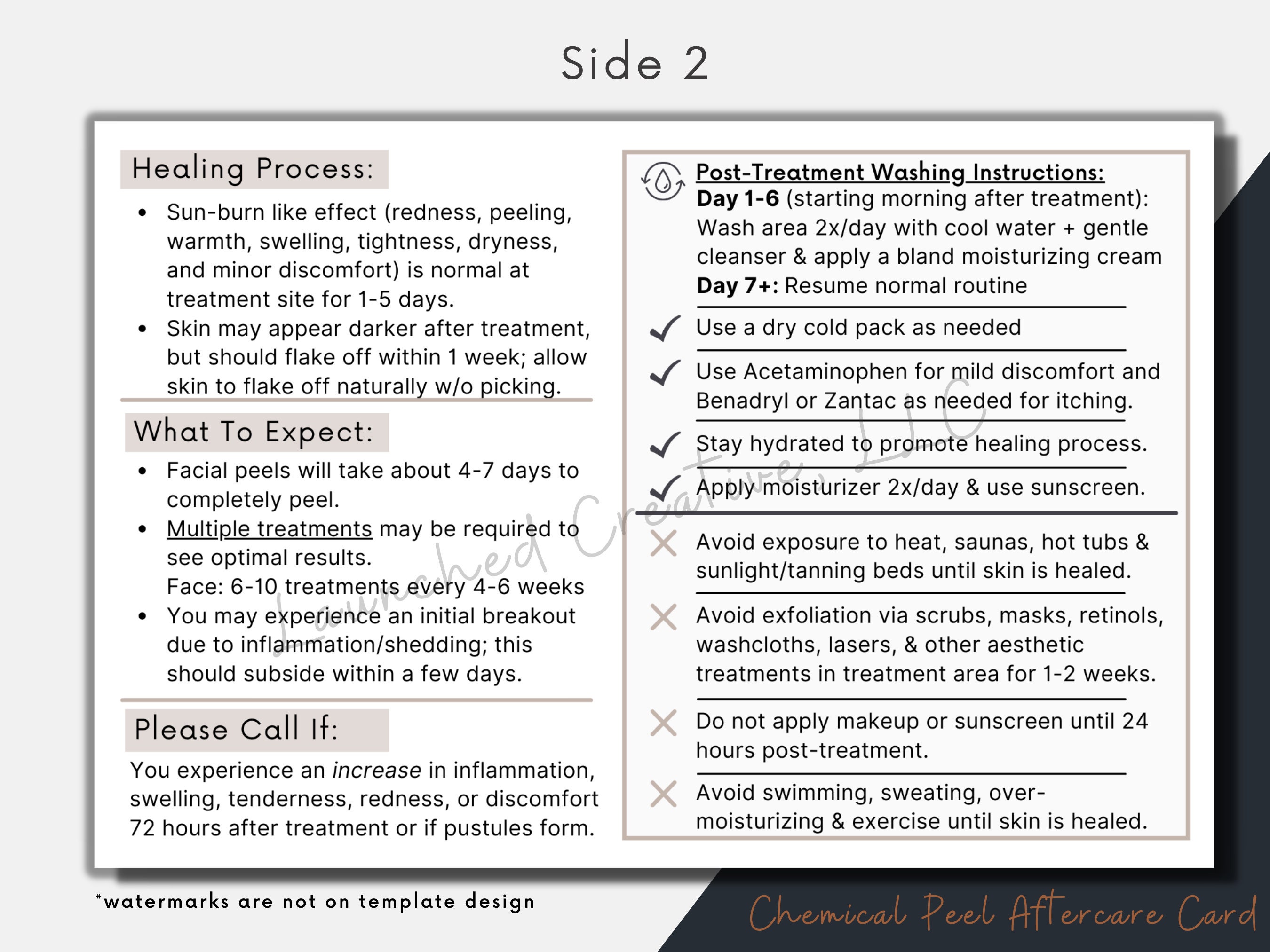 Chemical Peel Aftercare Card Printable Light Medium Chemical Peel ...