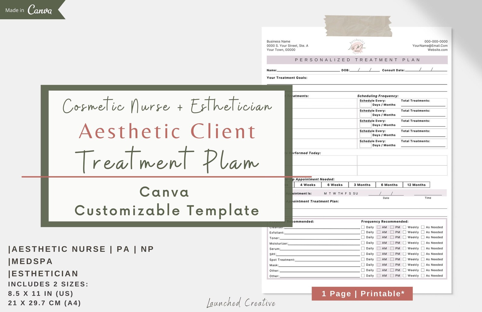 Aesthetic Treatment Plan Form Template Cosmetic Nurse Medspa Etsy 