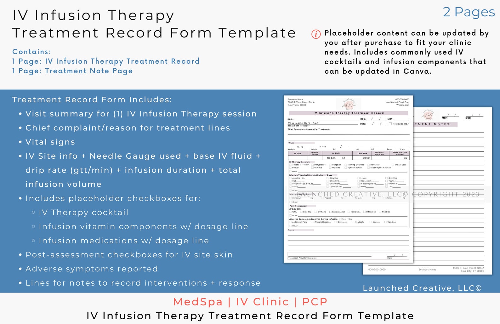 IV Infusion Therapy Treatment Record Form Template | IV Therapy Record ...