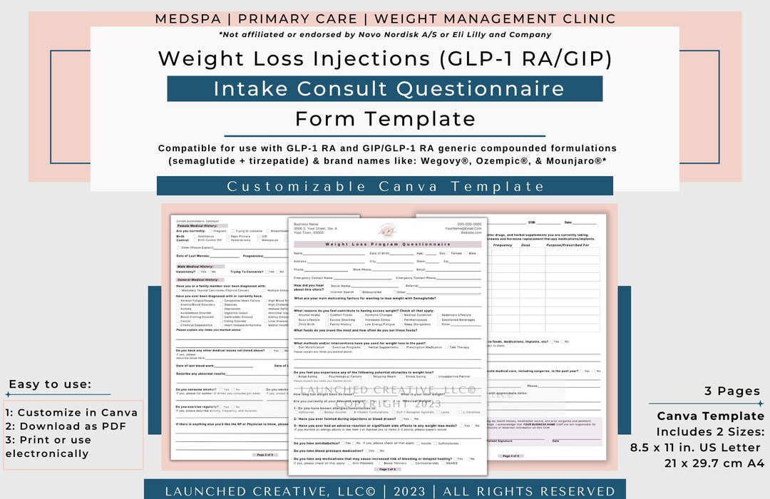 Weight Loss Injection Intake Questionnaire Form Template | Semaglutide ...