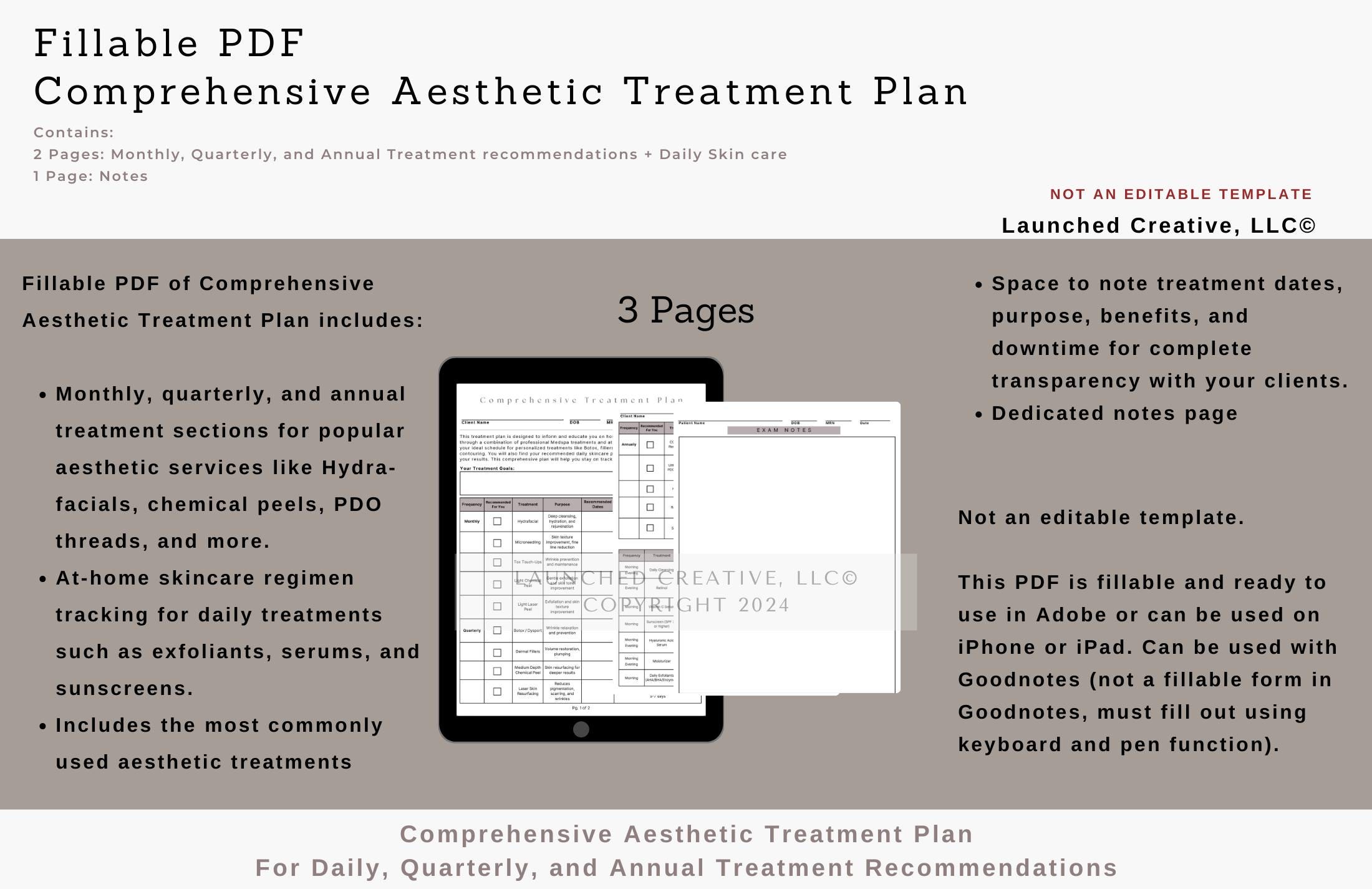 Aesthetic Treatment Plan Fillable PDF | Daily Monthly Annual Client ...