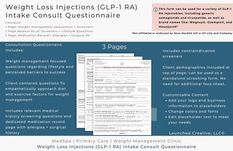 Weight Loss Injection Intake Questionnaire Form Template Semaglutide ...