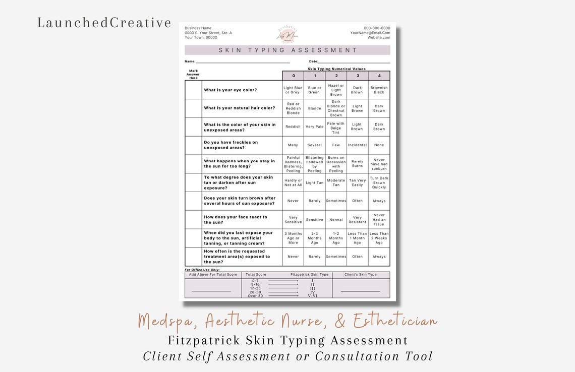 Skin Typing Assessment Form Template Fitzpatrick Skin Type - Etsy