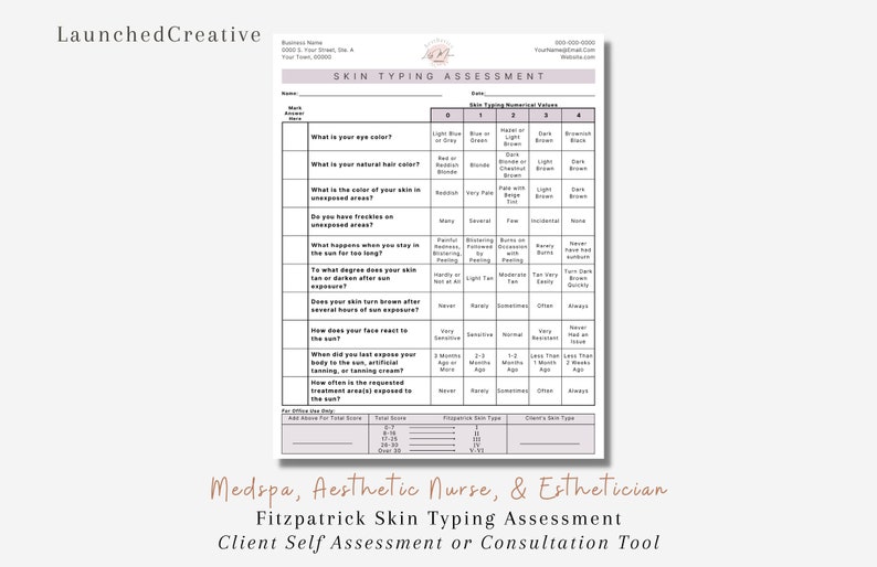 Skin Typing Assessment Form Template Fitzpatrick Skin Type - Etsy