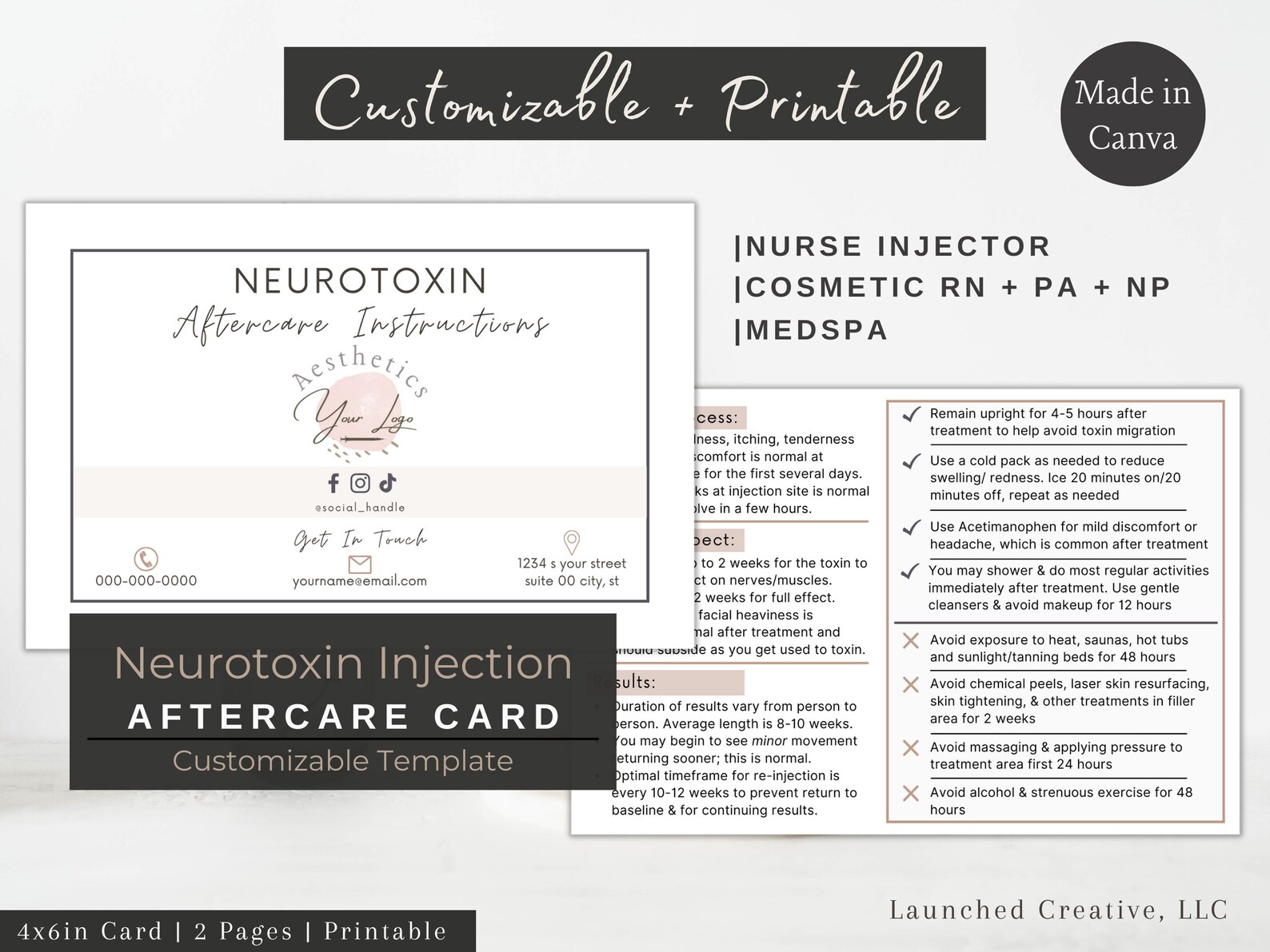 Botox Neurotoxin Aftercare Card | Printable Post Botox Care ...