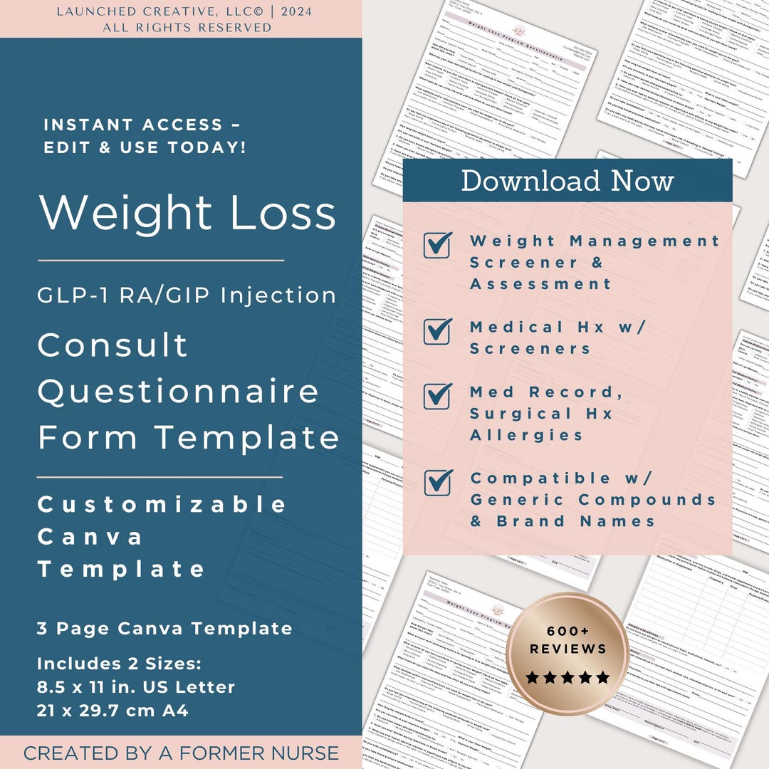 Weight Loss Injection Intake Questionnaire Form Template | Semaglutide ...