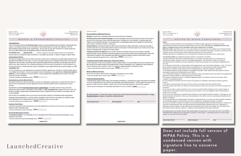 Medspa Appointment Policy Form Cosmetic Nurse Injector - Etsy