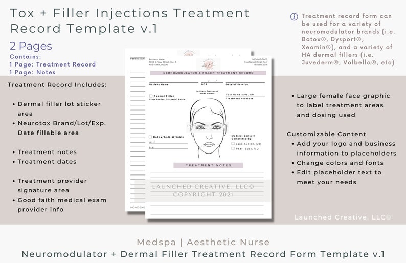 Filler & Neurotoxin Botox Treatment Record Form Template | Aesthetic ...