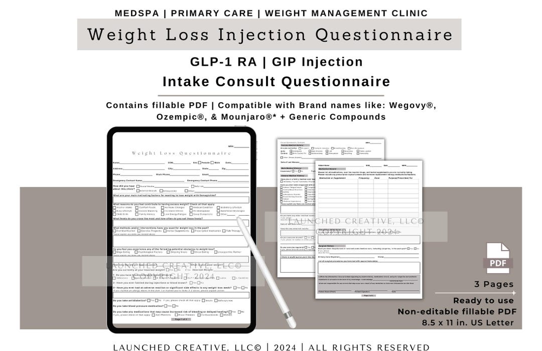 Weight Loss Injection Consult Questionnaire Fillable PDF | GLP1-RA GIP ...
