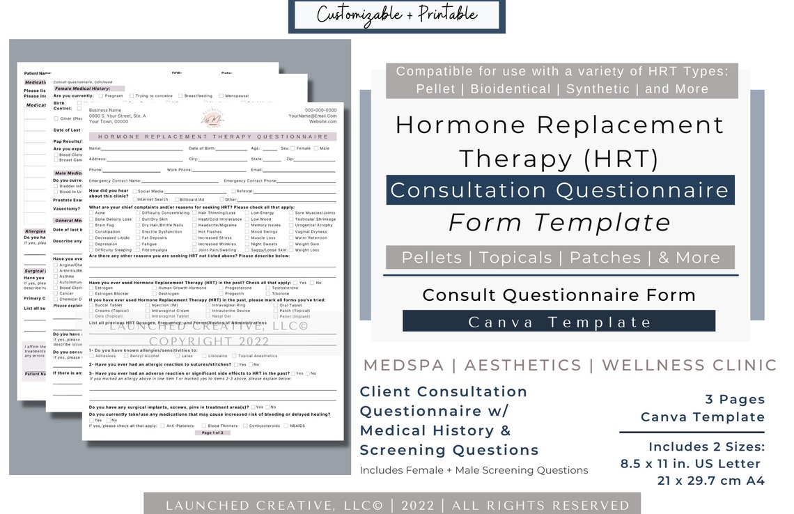 Hormone Replacement Therapy Intake Questionnaire Form Template - Etsy