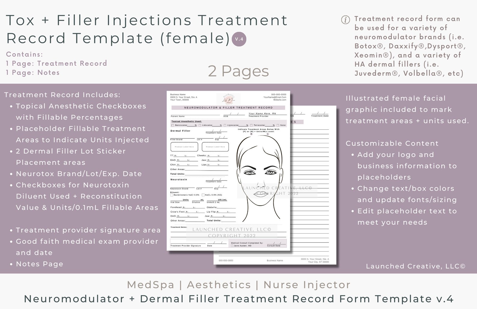 Filler Neurotoxin Injection Treatment Record Form Template Aesthetic ...
