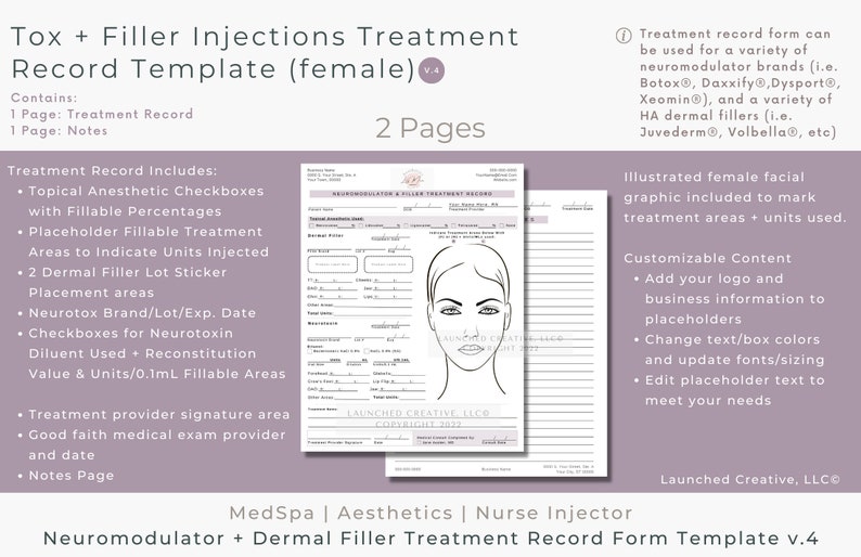 Filler Neurotoxin Injection Treatment Record Form Template | Aesthetic ...