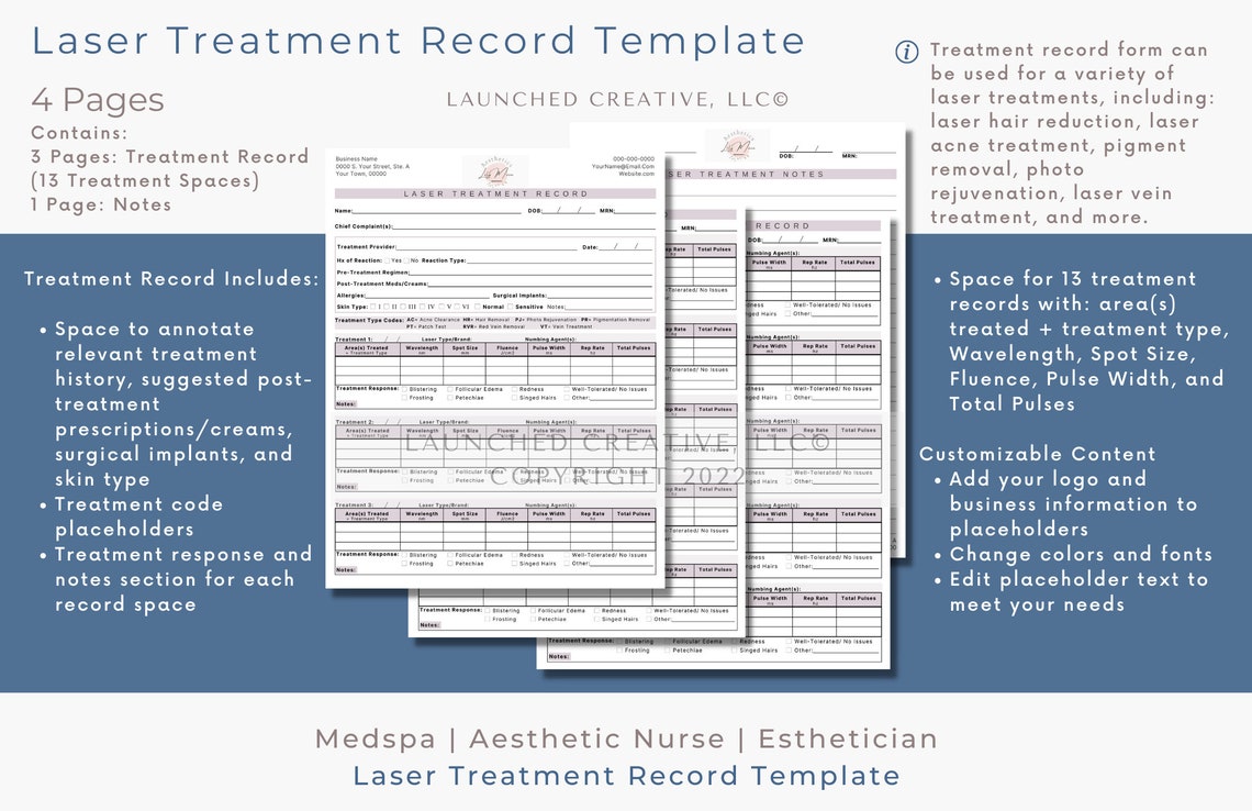 Laser Treatment Record Form Template Laser Hair Vein Acne - Etsy