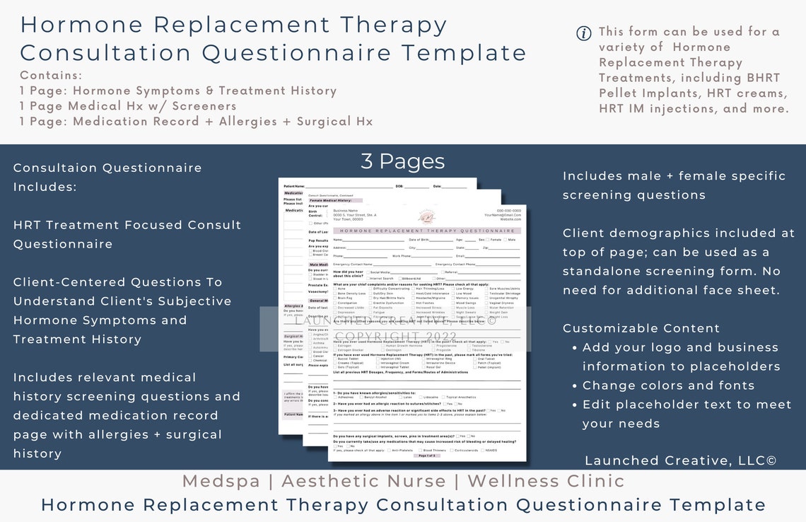 Hormone Replacement Therapy Intake Questionnaire Form Template - Etsy