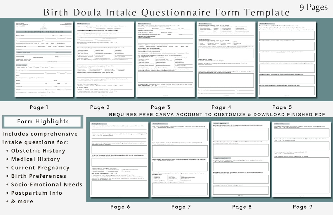 Birth Doula Intake Questionnaire Form Template | Birth Doula Intake ...