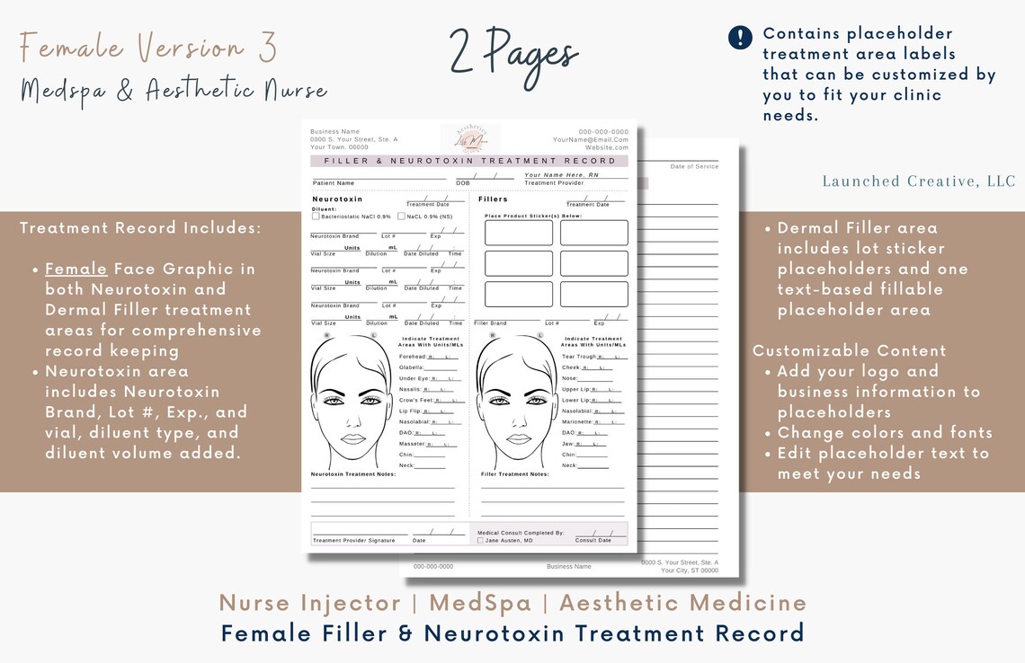 Dermal Filler Neurotoxin Treatment Record Form Template - Etsy