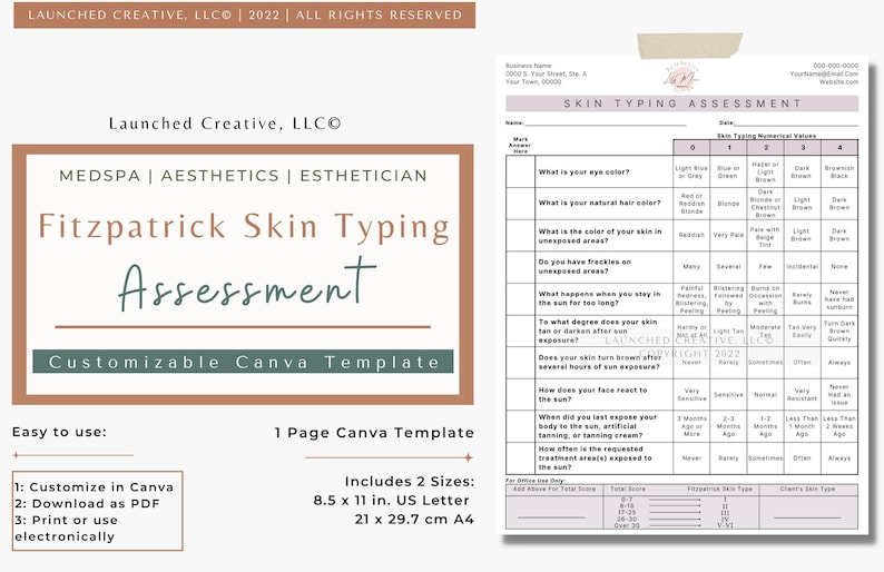 Skin Typing Assessment Form Template Fitzpatrick Skin Type - Etsy