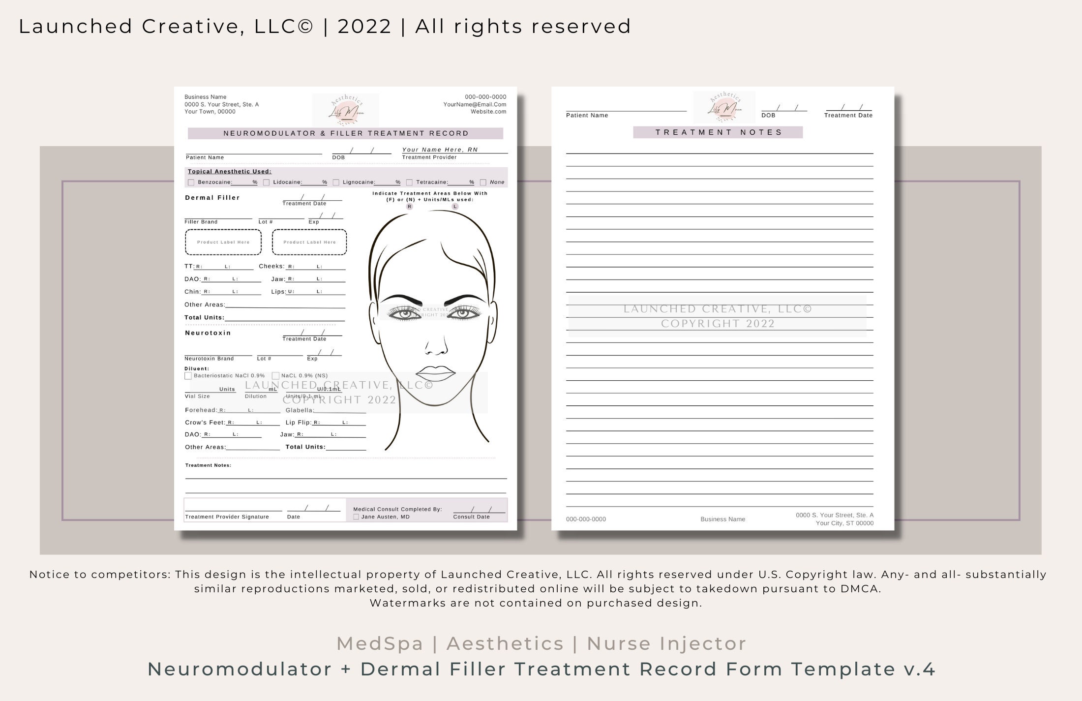 Filler Neurotoxin Injection Treatment Record Form Template Aesthetic ...