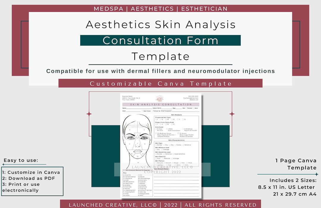 Skin Analysis Consultation Form Template | Esthetician Aesthetic Nurse ...