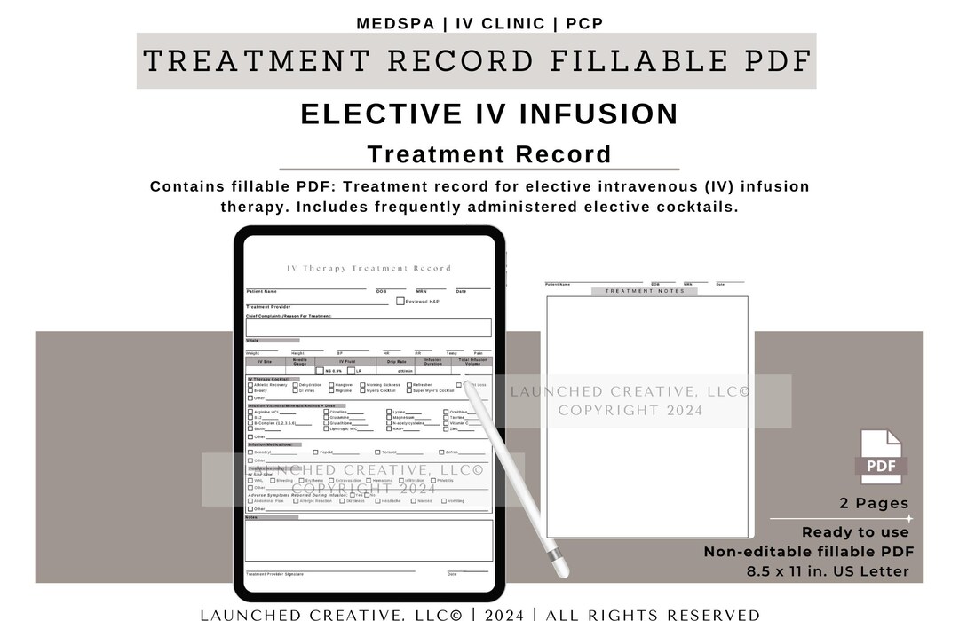 IV Infusion Therapy Treatment Record Form: Fillable PDF for IV Clinics ...