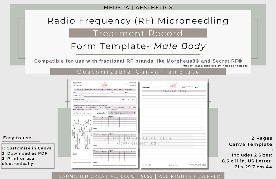 Radio Frequency Microneedling MALE Treatment Record Form RF - Etsy