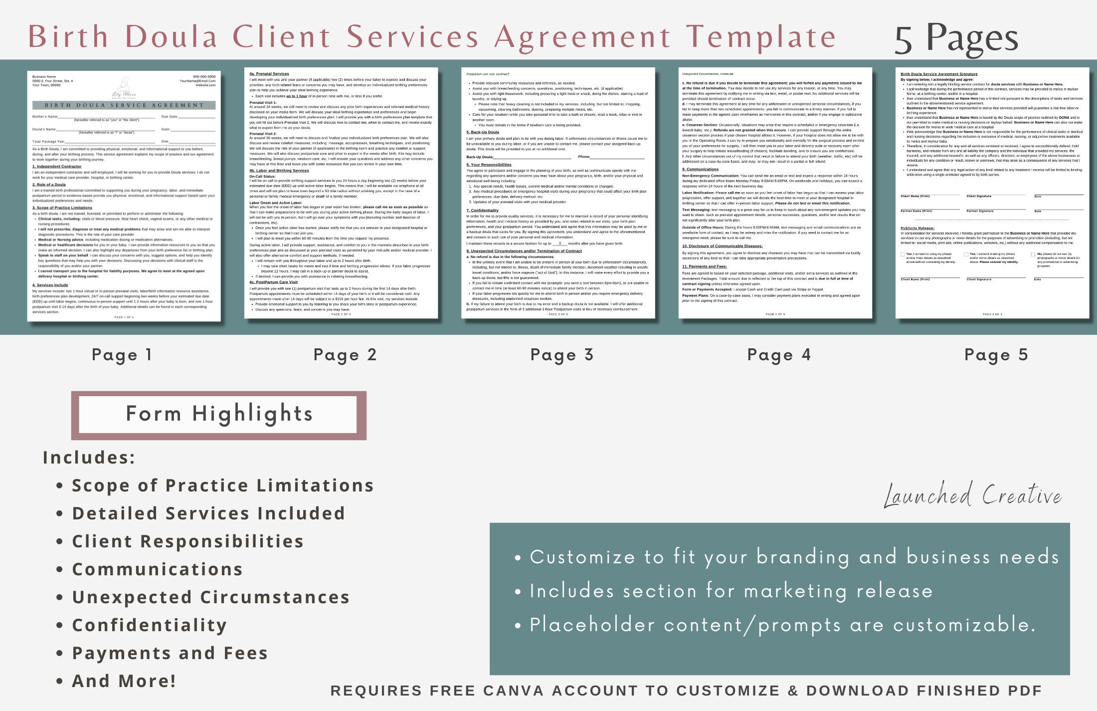 Birth Doula Contract Template | Birth Doula Service Agreement Form ...