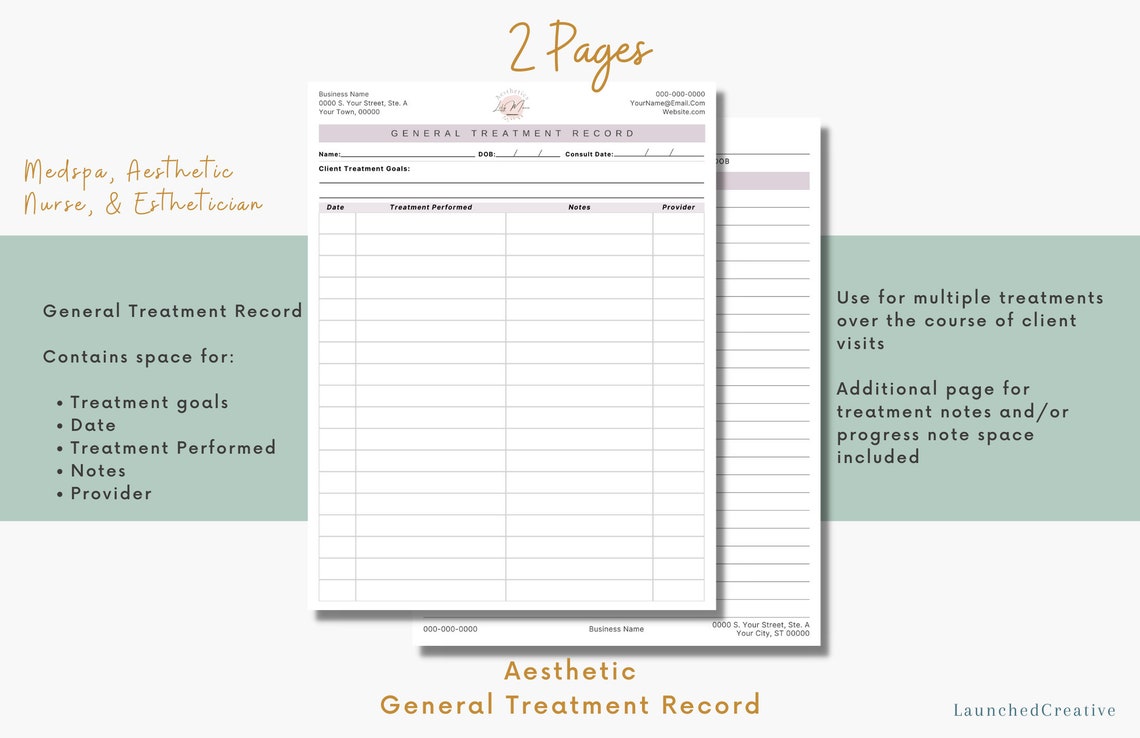 Aesthetic Treatment Record Form Template General Aesthetics - Etsy