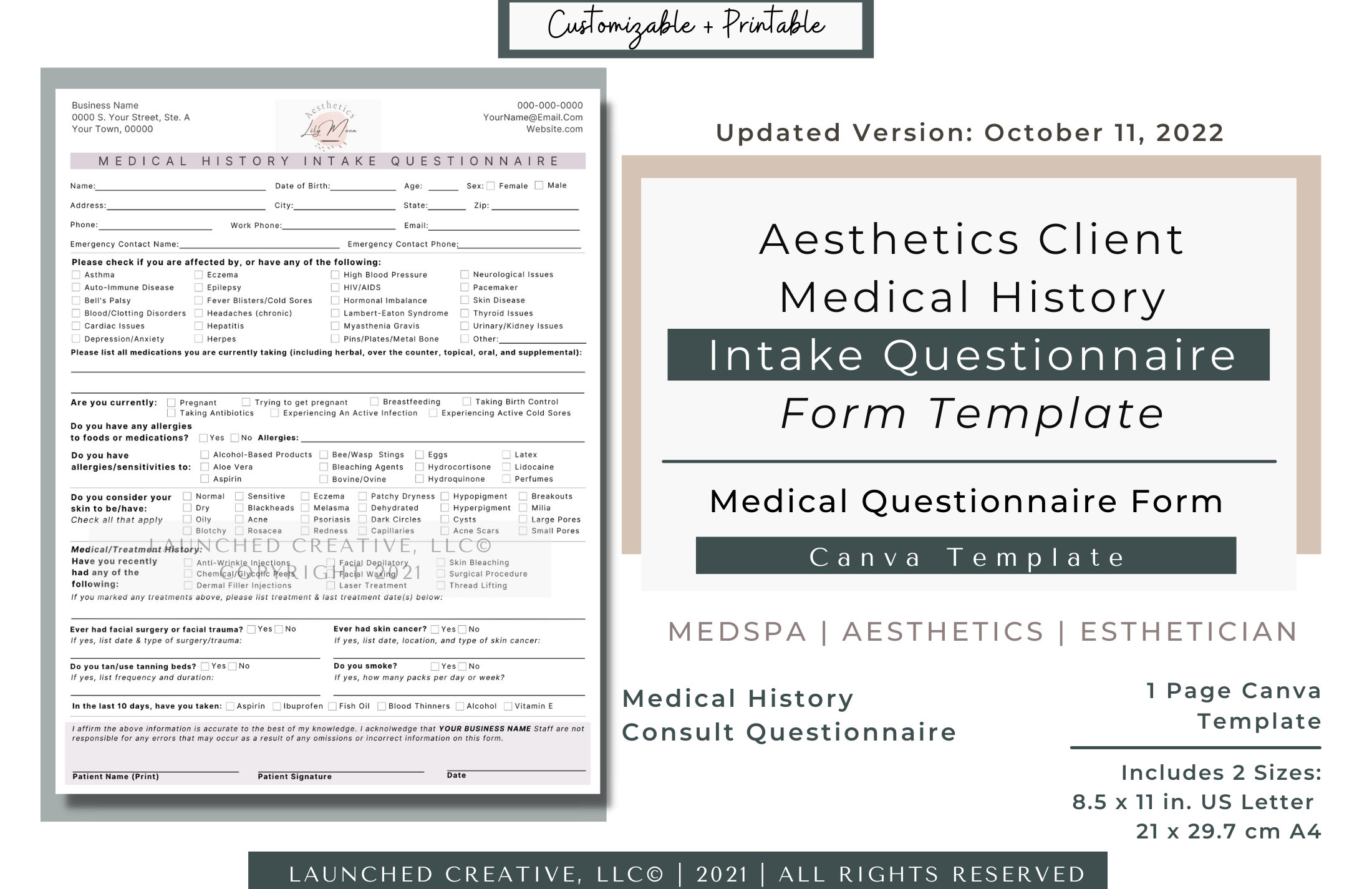 Neurotoxin Filler Medspa Medical History Consult Questionnaire | Filler ...
