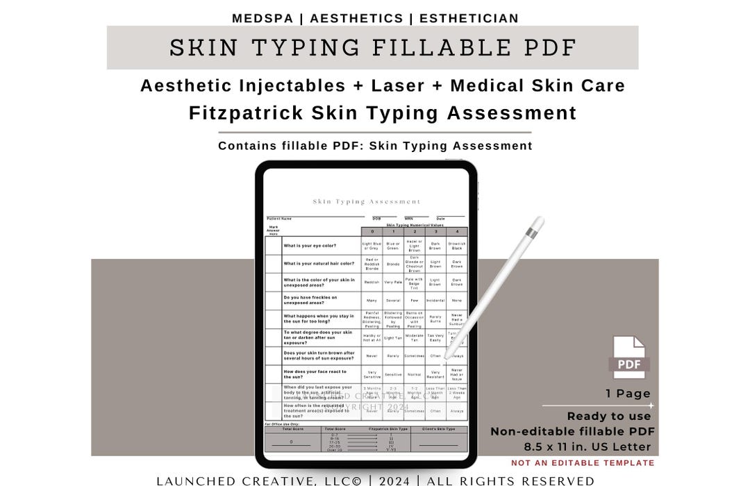 Skin Typing Assessment Fillable PDF Form | Fitzpatrick Skin Type ...