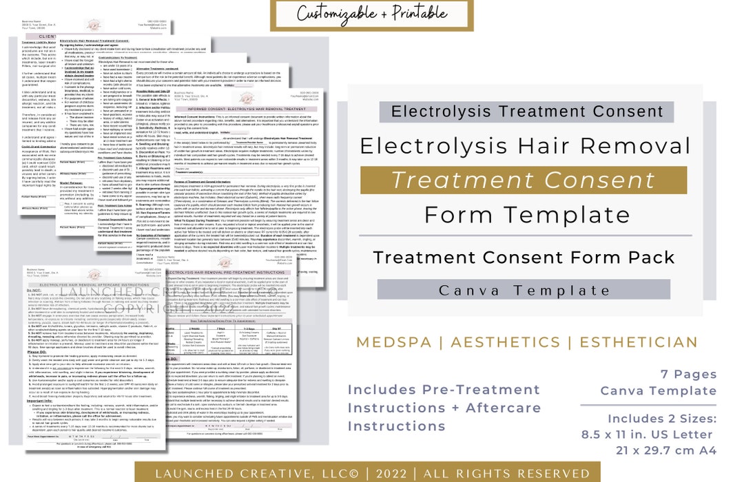 Electrolysis Hair Removal Consent Form | Electrolysis Consent Aftercare Esthetician Medspa ...