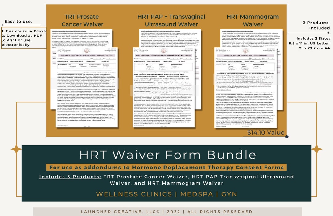 HRT Waiver Form Bundle TRT Prostate Cancer Waiver Mammogram Waiver PAP ...