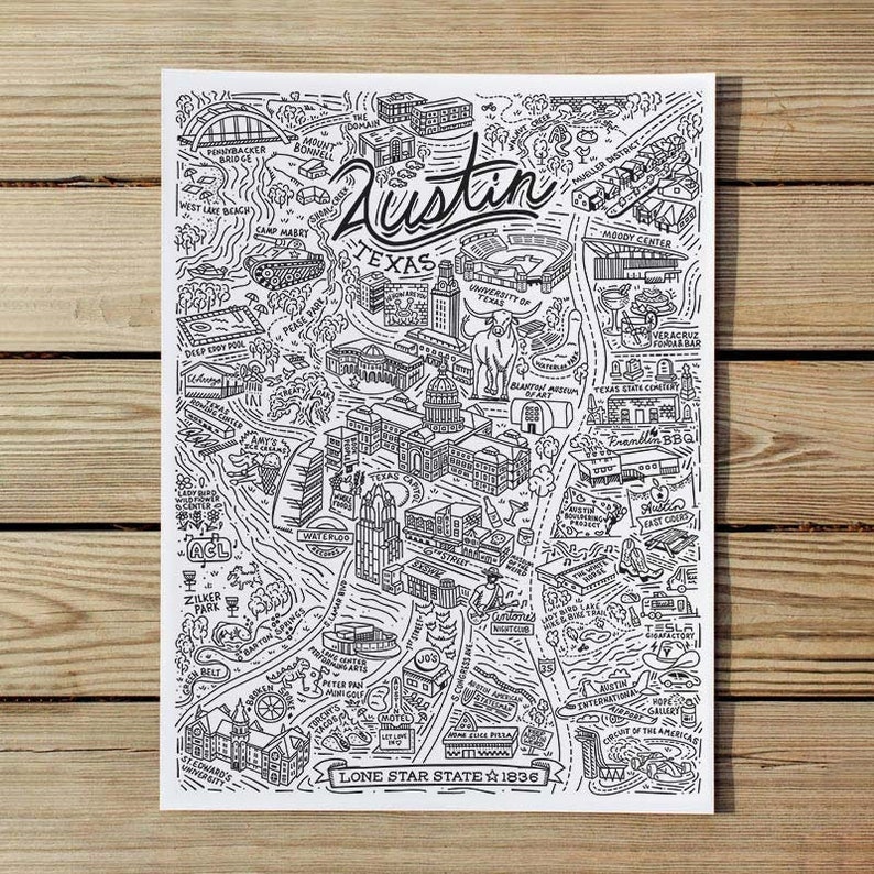 Austin Texas Map Art Silkscreen Poster Texas Art Map - Etsy