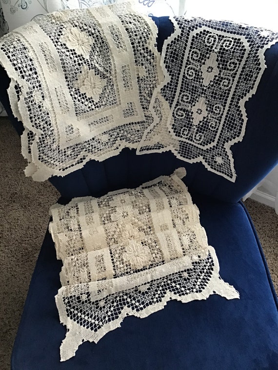 Vintage Handmade Mondano Net Darned Filet Lace Set of 3 2 - Etsy