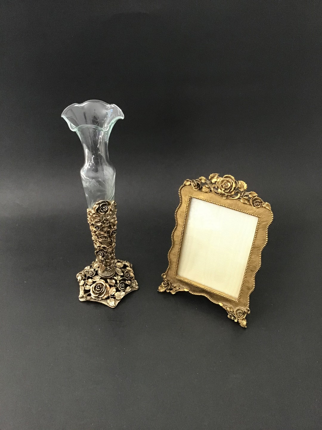 Vintage Matson Gold Color Metal Photo Frame and Vase Ormolu Rose Decor ...