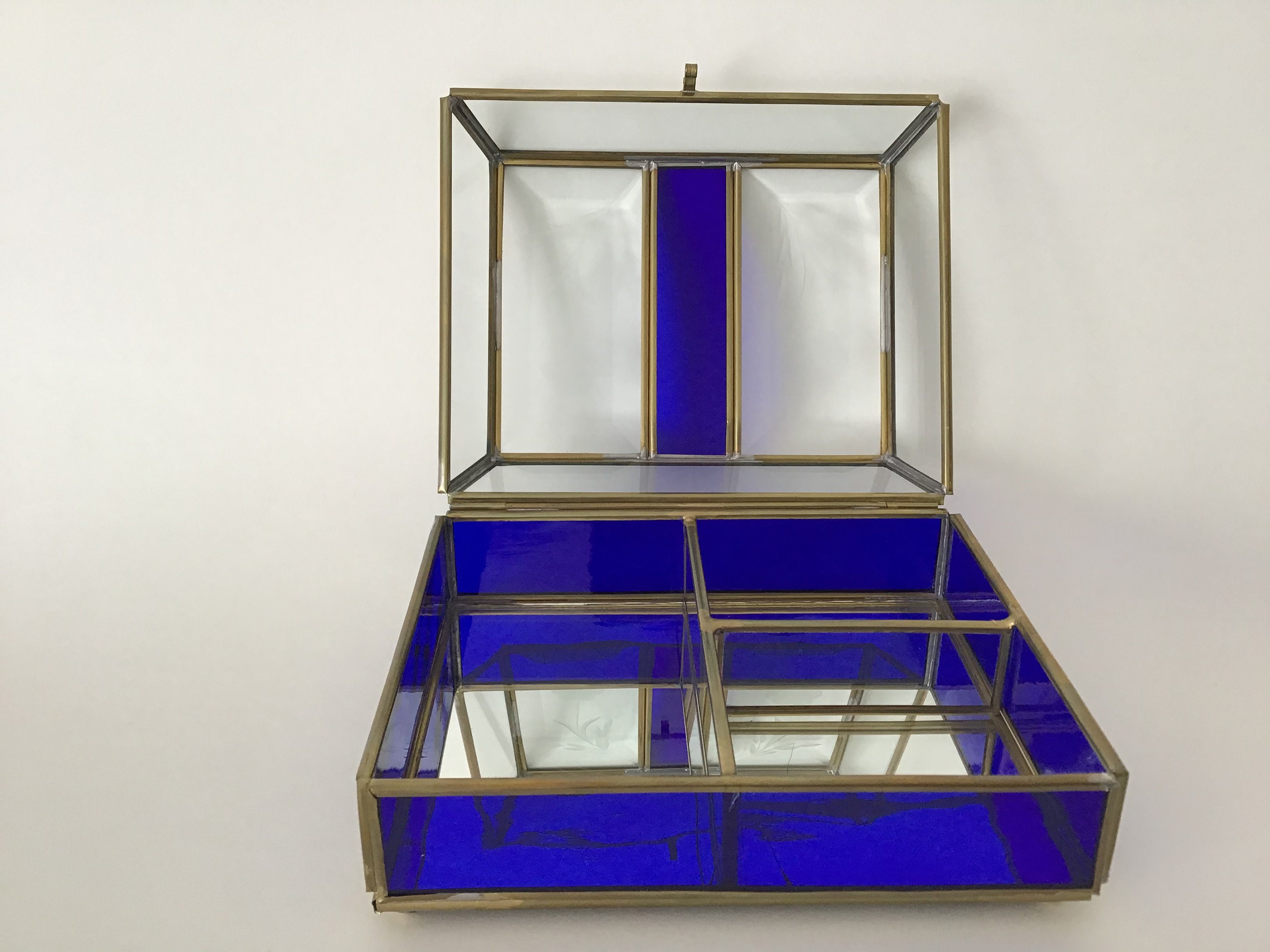 Cobalt Blue and Clear Etched Glass Mirrored Divided Jewelry Box as Is ...