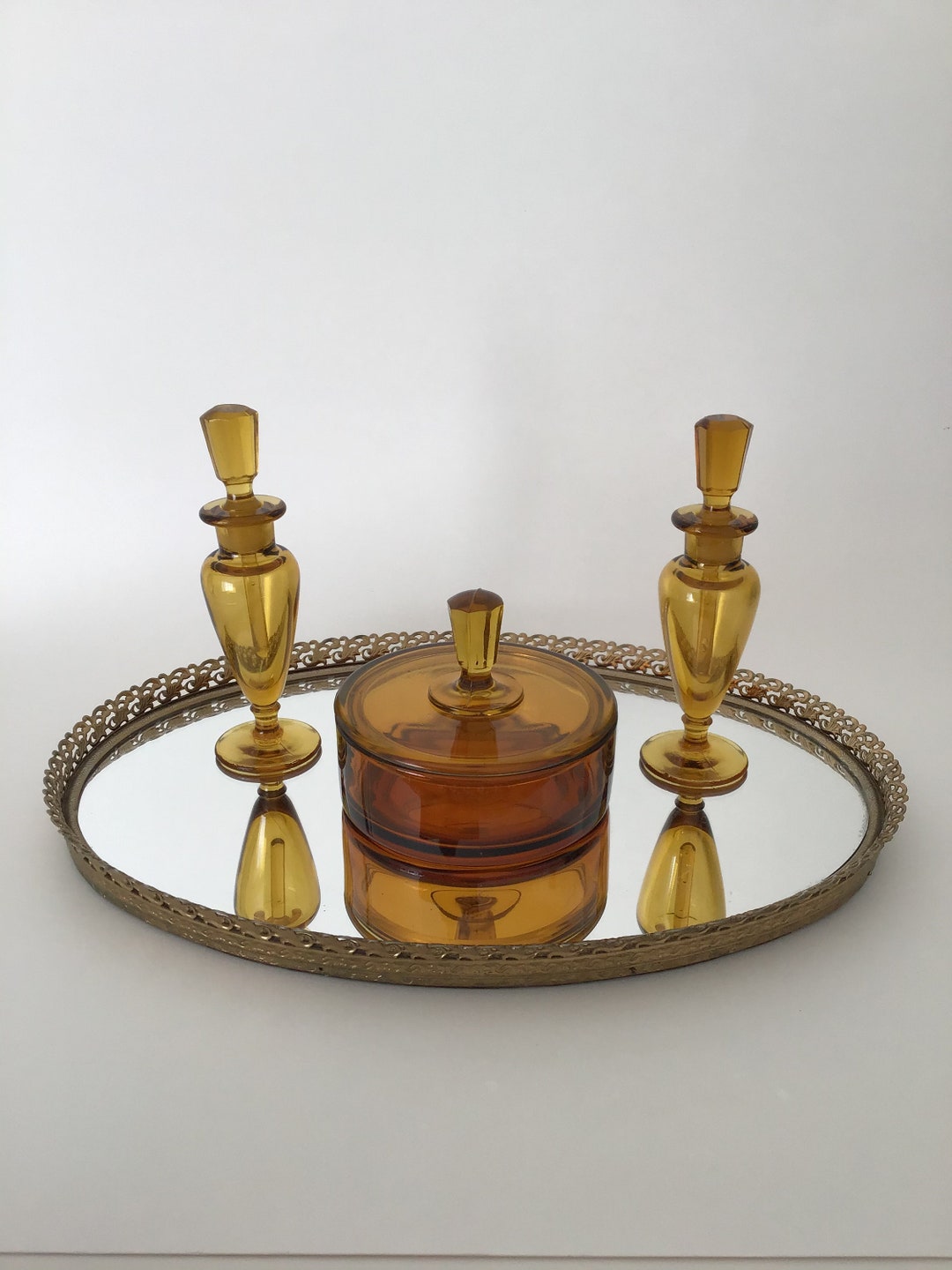 New Martinsville Amber Glass Vanity 3 Piece Set, Marked - Etsy