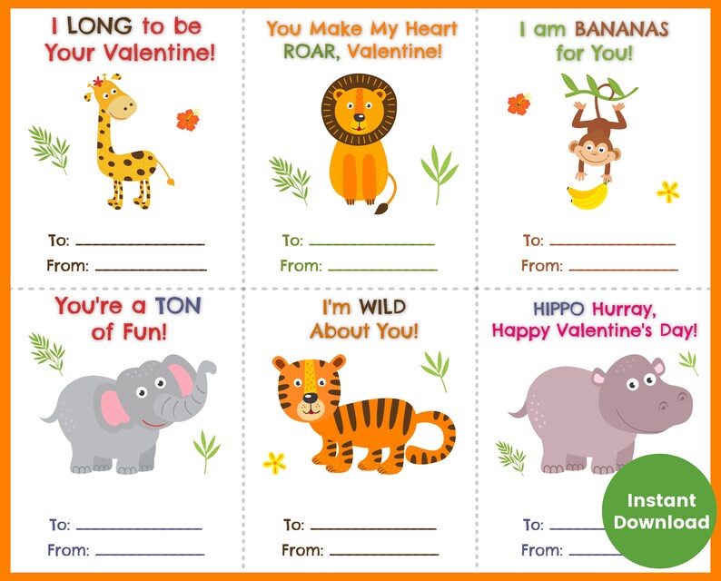 Wild Animal Valentine's Day Cards for Kids Printable - Etsy