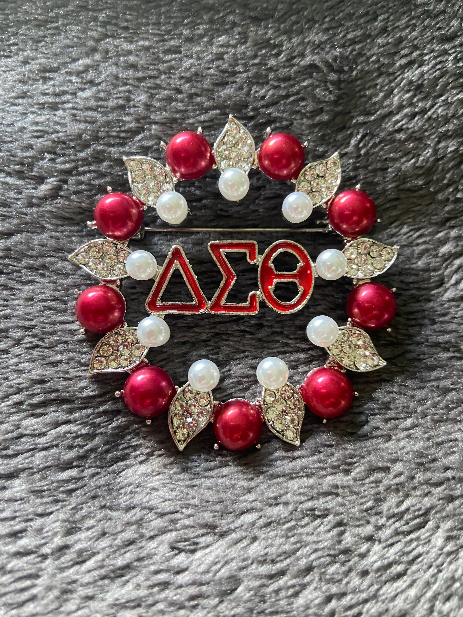 Delta Sigma Theta Brooch Womens Red Rhinestone Pin White Pearls ...
