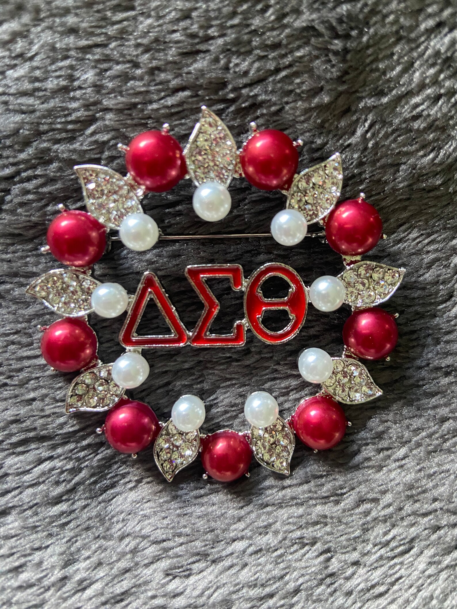 Delta Sigma Theta Brooch Womens Red Rhinestone Pin White Pearls ...