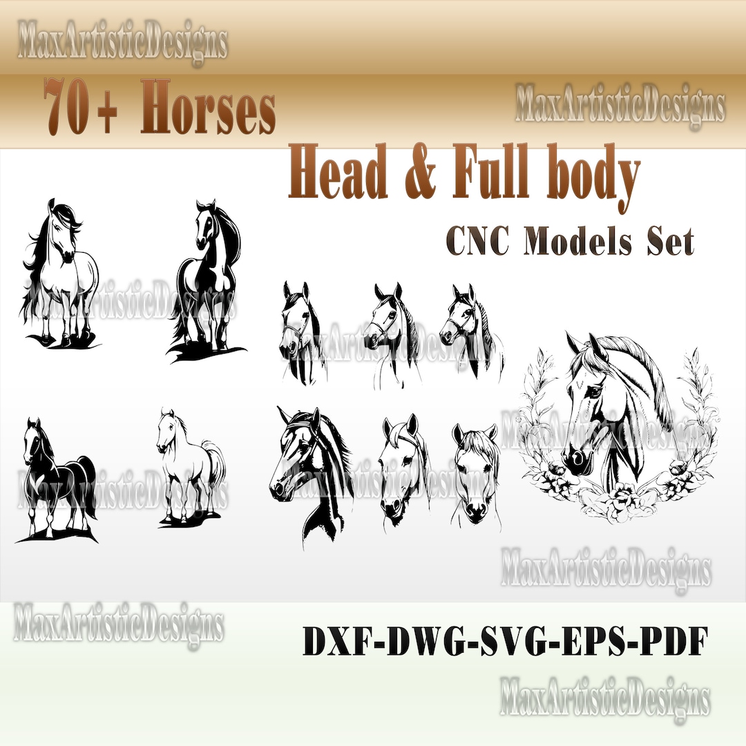 70+ Horse Heads Cnc Files Set Svg Eps Pdf Dxf Dwg -full Horse Bodies ...