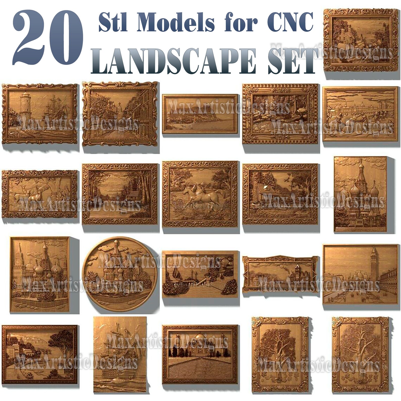 3d stl 20 pieces landscape engraving art models set for cnc | Etsy