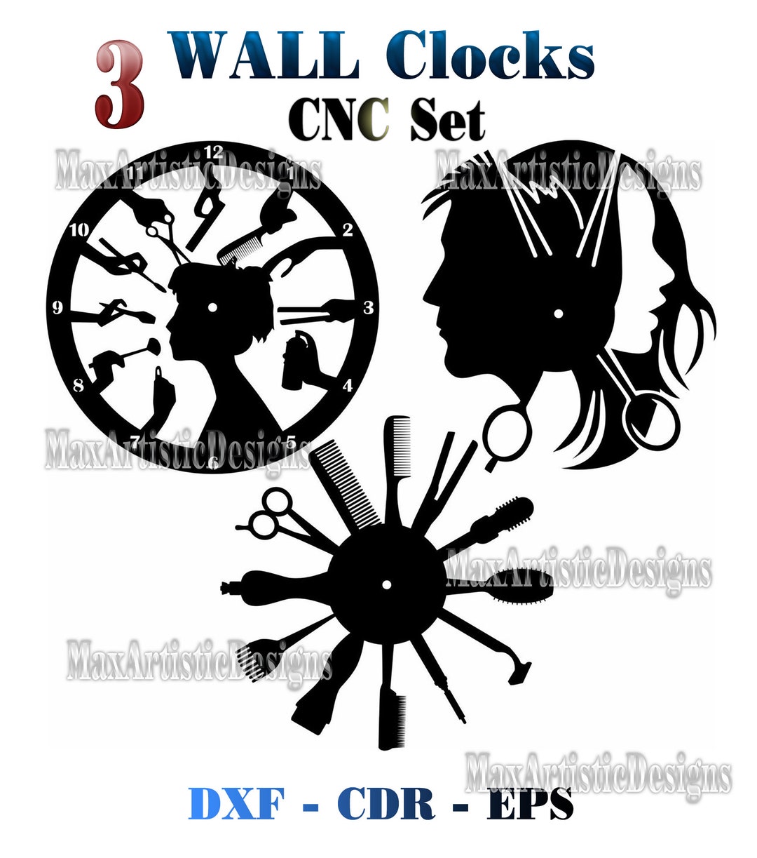 3 Cnc Vector Clocks Hair Dressing Barber Clocks Dxf Cdr Eps Files ...