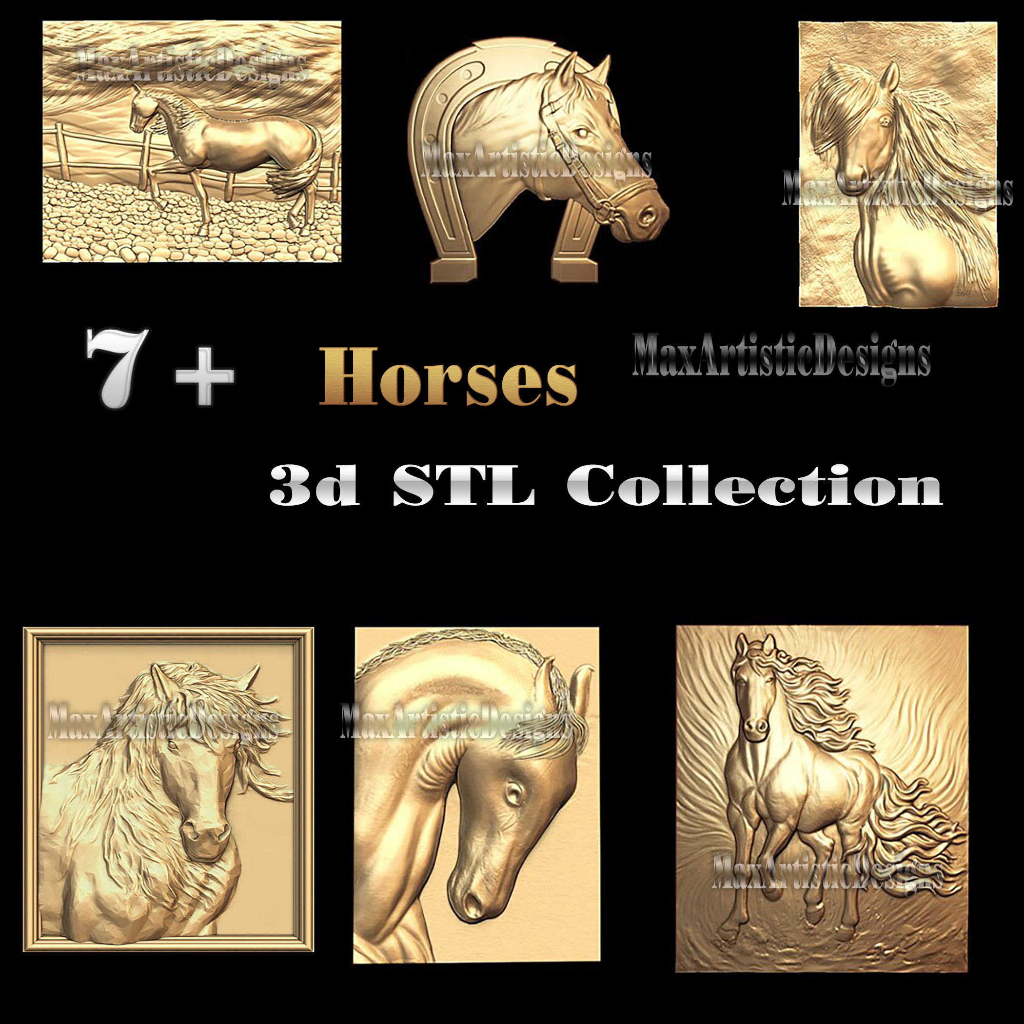 7 Caballos 3d stl collection cnc modelos en bajorrelieve para grabado ...