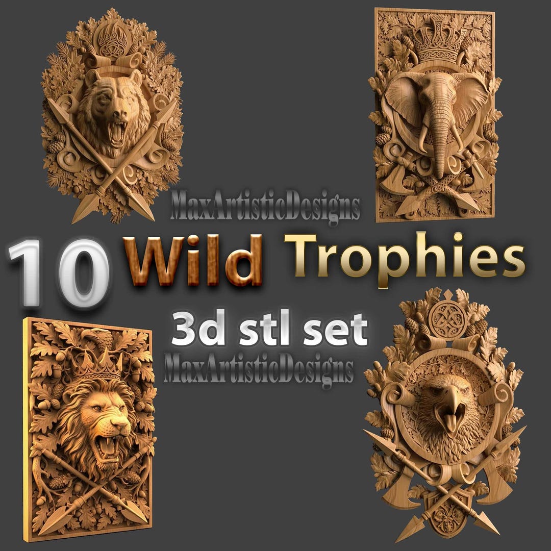 10 Wild Animal Trophies Stl Bas Realief Files for Cnc Router Machines ...